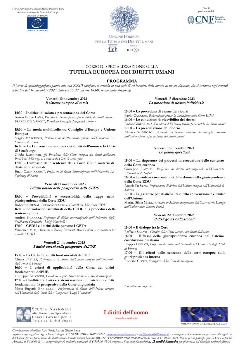 Corso di specializzazione sulla “tutela europea dei diritti umani” – XXIII edizione – 2023 ...